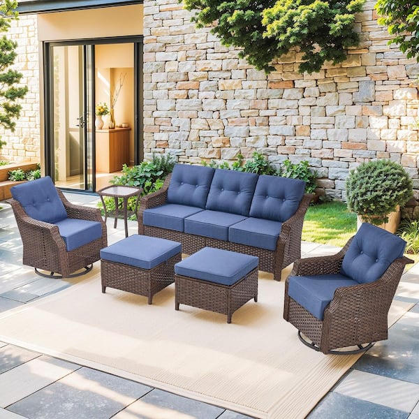 Bellefurn Circle Brown 6-Piece Wicker Patio Conversation Seating Set with Blue Cushions, Outdoor ...