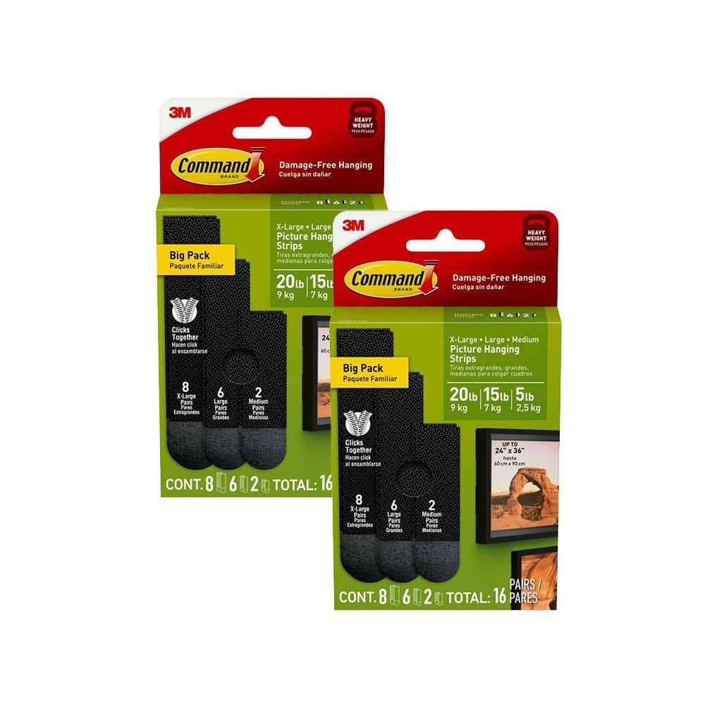 Command 20 lbs. to 15 lbs. to 5 lbs. Black Picture Hanging Strip (32-Pack)(16 X-Large Pairs, 12 ...