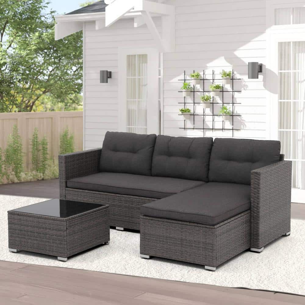 Freestyle 3-Piece Wicker Grey Outdoor Patio Small Conversation Set with ...