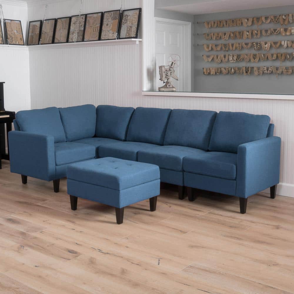 Noble House Zahra 6-Piece Dark Blue Polyester 6-Seater L-Shaped ...