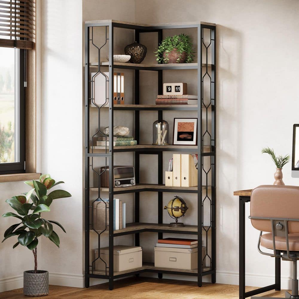Tribesigns 78.7 in. Tall Gray Engineered Wood 7-Shelf Corner Bookcase ...