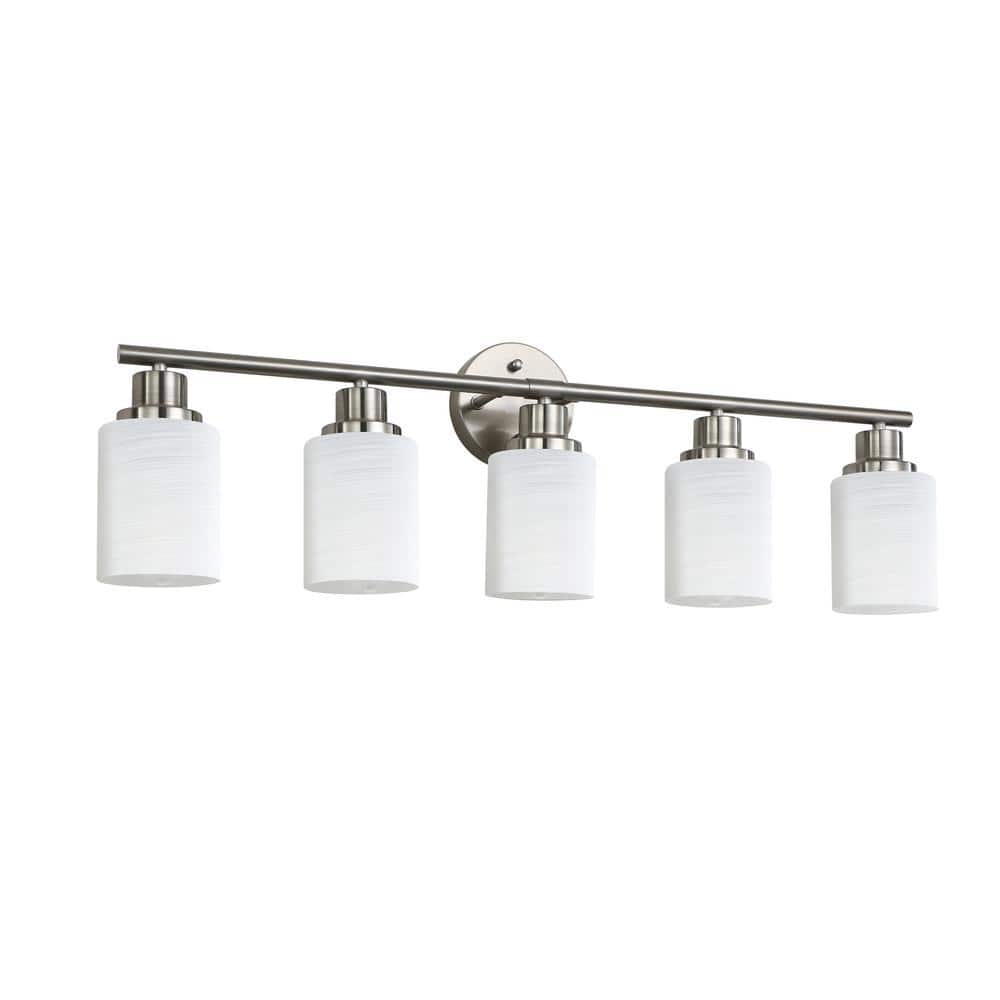 Sunpez 31.5 in. W 5-Light Vanity Light for Bathroom Brushed Nickel Finish with Frosted Glass ...
