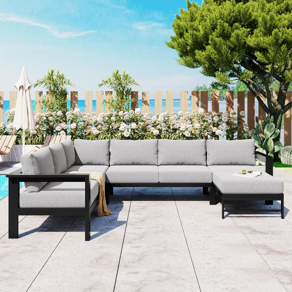 5-Piece Black Aluminum Outdoor Sectional Sofa Set with Grey Cushion for ...