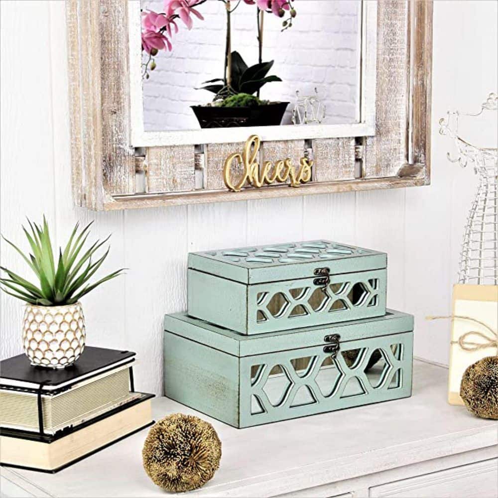 HomeRoots Blue Wooden Boxes with Overlayed Mirror Panels (Set of 2 ...