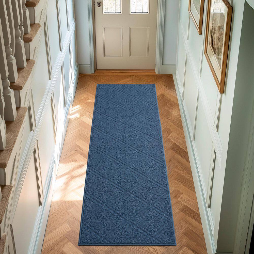 Laura Ashley Austell Solid 2 ft. x 8 ft. Dusty Navy Geometric Runner ...
