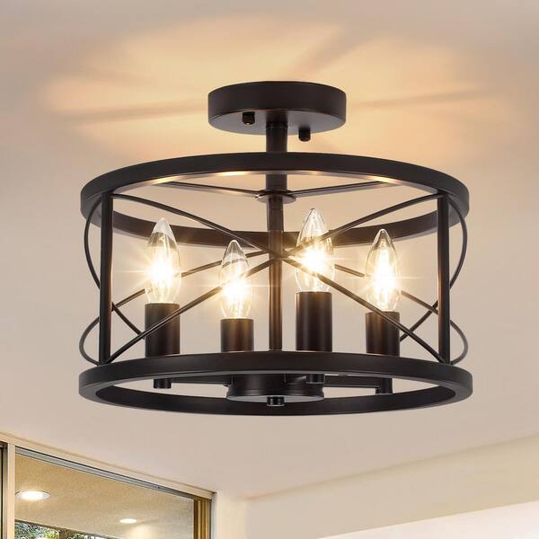 ZSMIHDOH 13 in. 4-Light Black Drum Semi Flush Mount Ceiling Light with ...