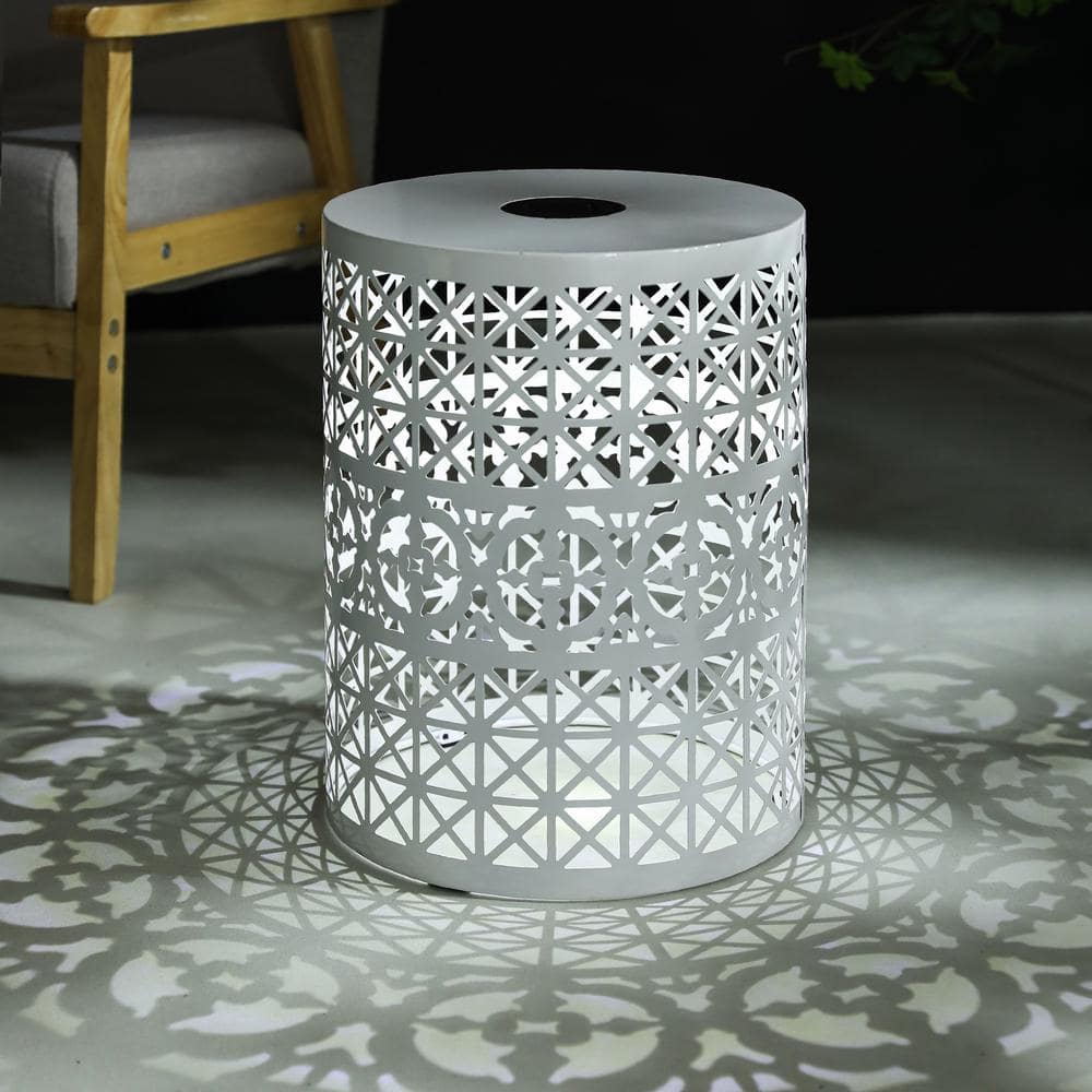 Noble House Herals White Iron Outdoor Patio Side Table with Solar ...