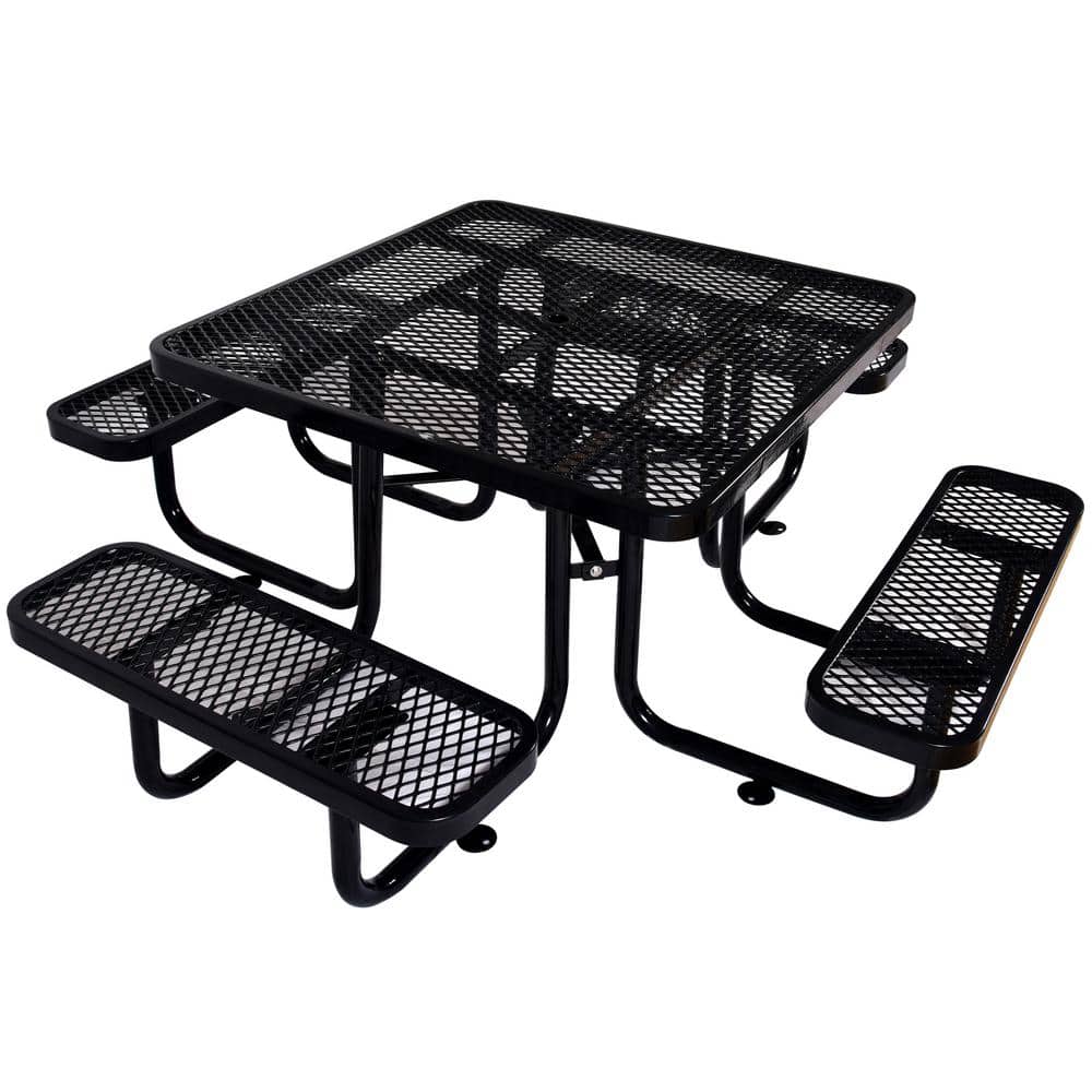 Cesicia 82.9 in. Black Square Outdoor Steel Picnic Table with Seat and ...