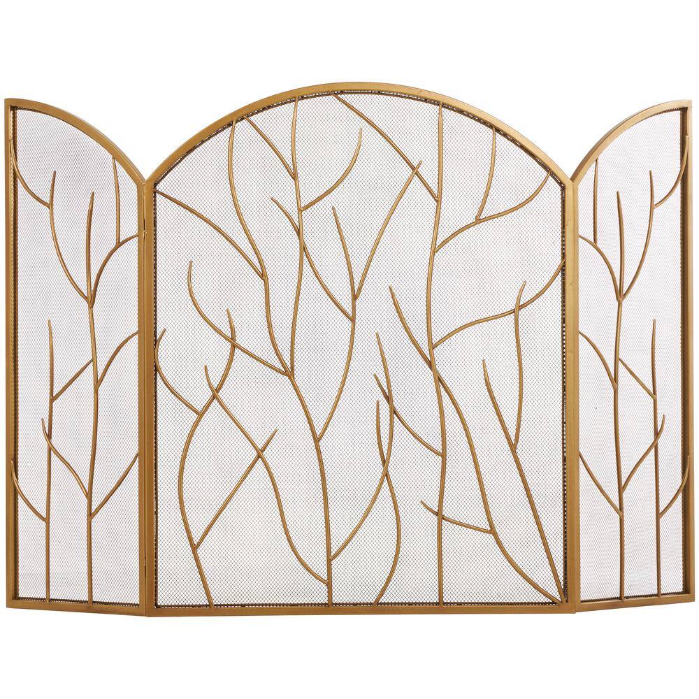 Litton Lane Gold Metal Tree Arched 3-Panel Fireplace Screen with Branch ...