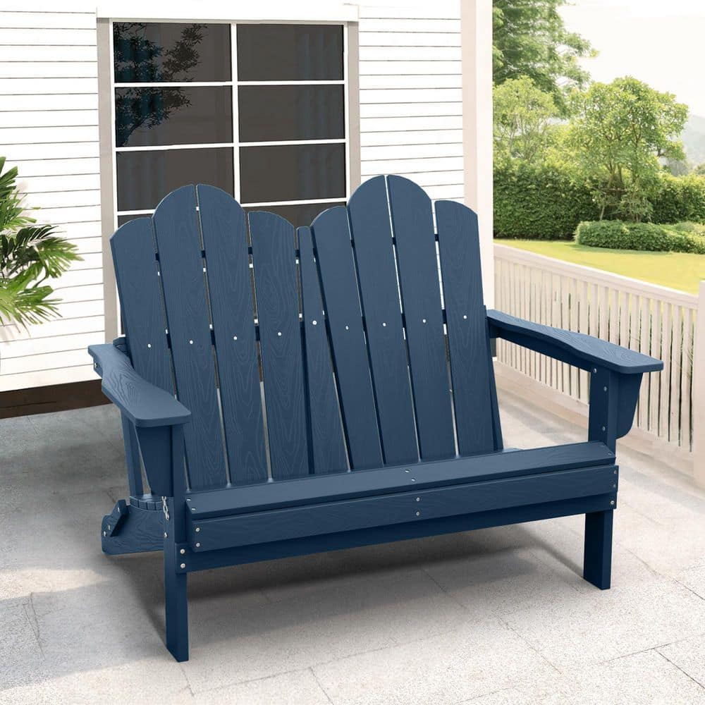 JEAREY Classic Navy Blue Plastic Adirondack chair 2-Person Outdoor ...