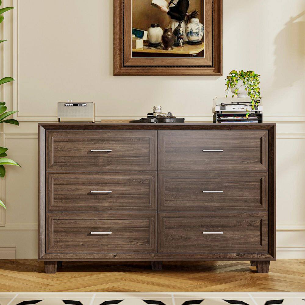 FUFU&GAGA Rustic Brown 55 in. 6-Drawer Wood Chest of Drawers with Metal ...
