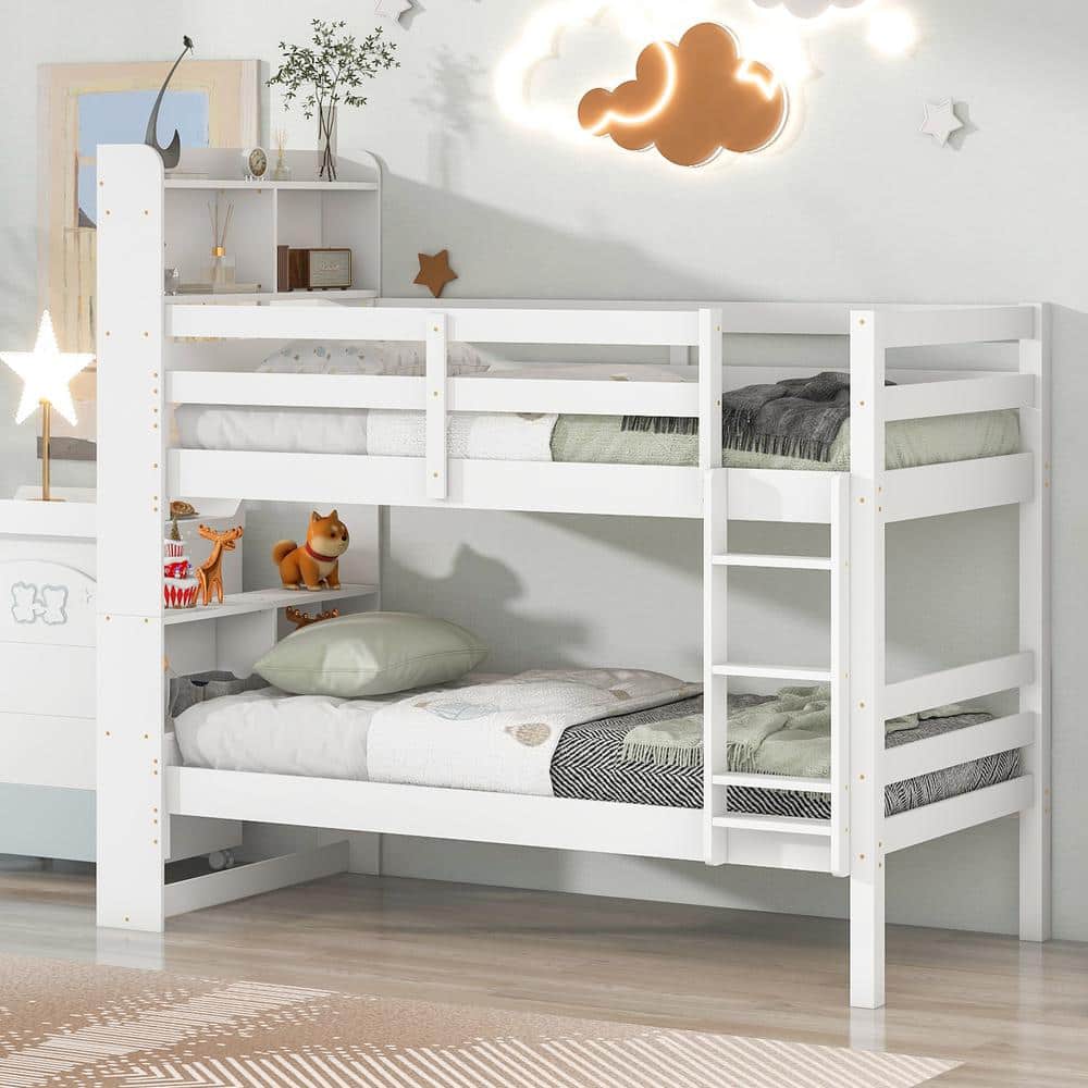 Polibi White Twin Over Twin Bunk Beds with Bookcase Headboard, Can Be ...