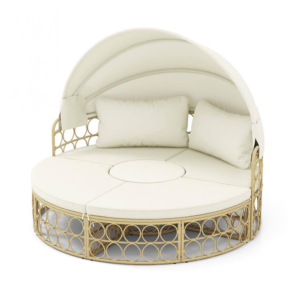ANGELES HOME Outdoor Patio Round White Wicker Outdoor Day Bed with Retractable Canopy and Soft ...