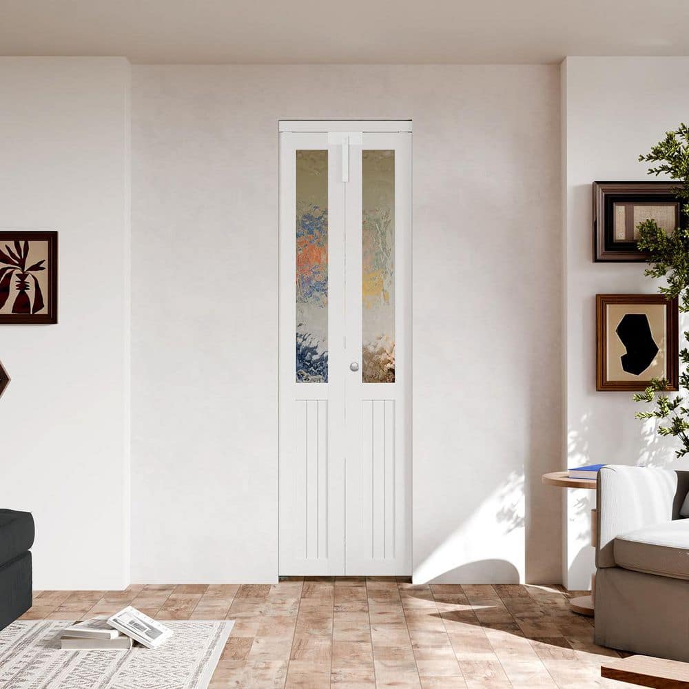 TENONER 24 in. x 80 in. Half Hammered Glass Solid Core White PVC ...