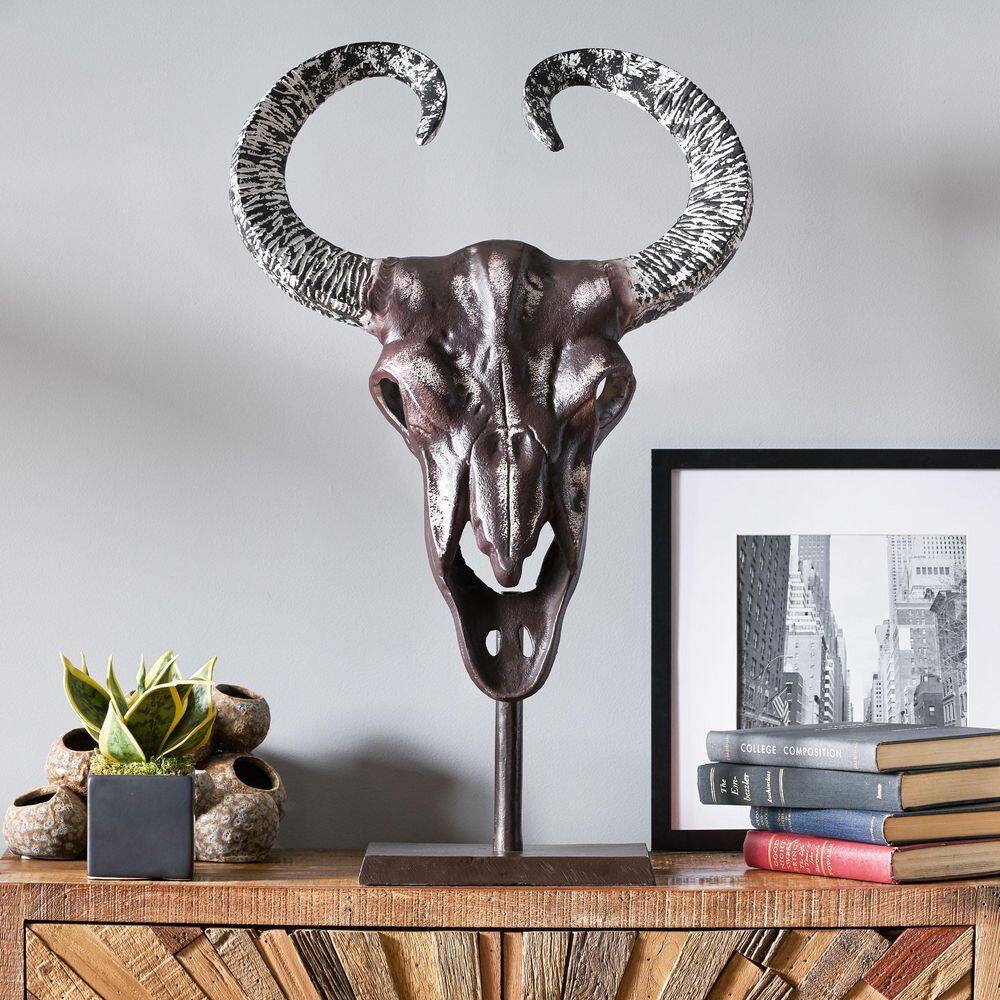 Bronze 16 in. x 25 in. Indoor Metal Handcrafted Bull Skull Table Decor ...