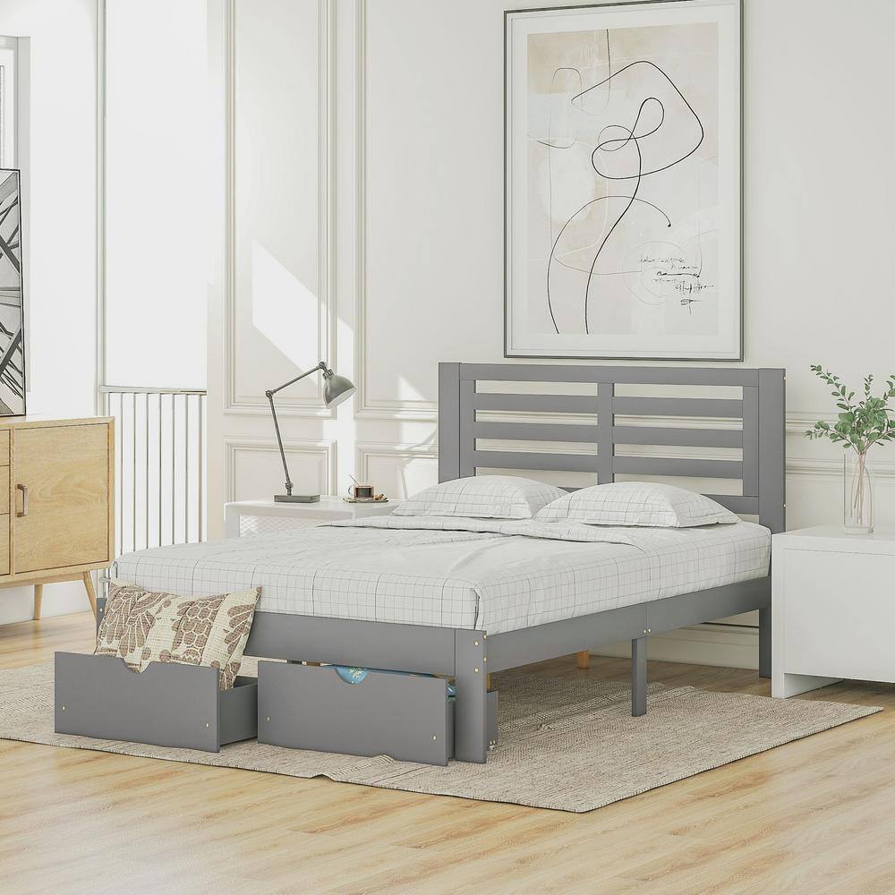 Harper & Bright Designs Gray Wood Frame Full Size Platform Bed with 2 ...