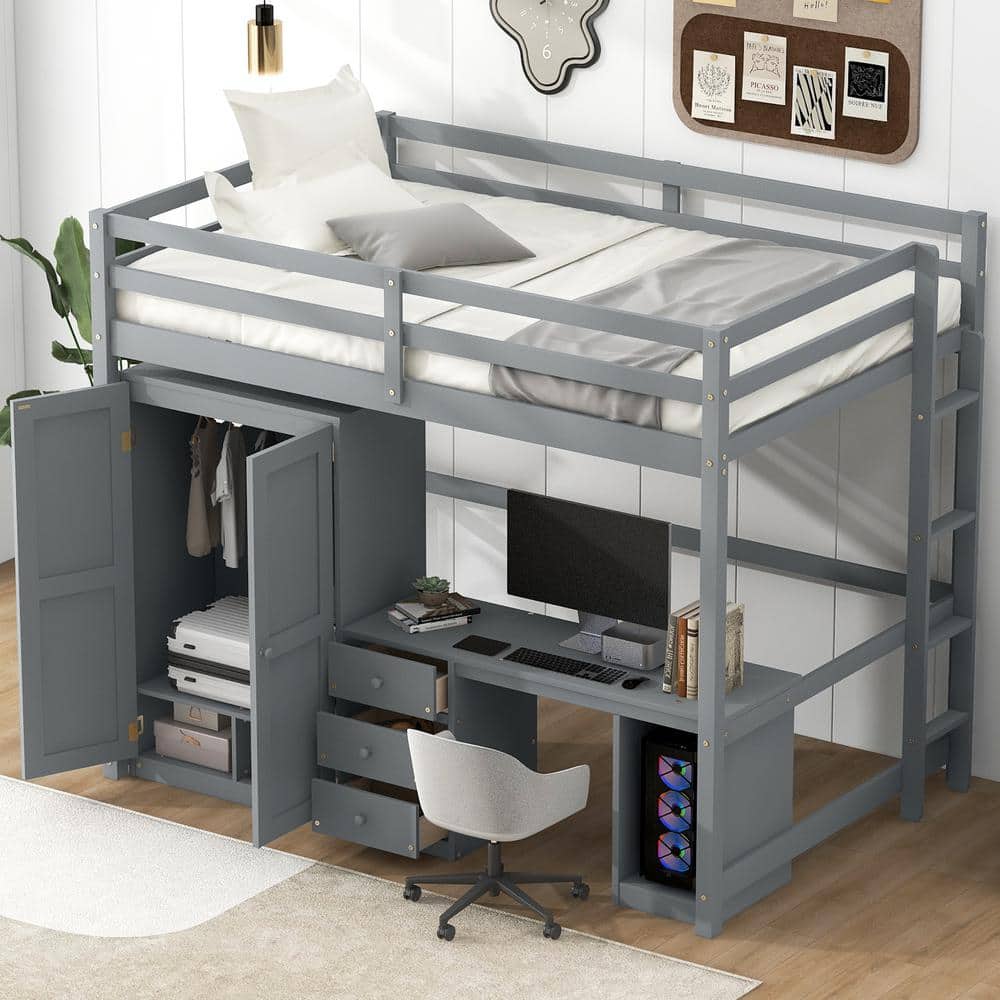 Harper & Bright Designs Gray Wooden Full Size Loft Bed with Wardrobe ...
