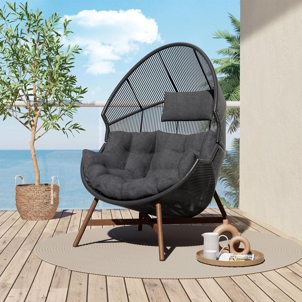 MEOOEM Oversized PE Wicker Outdoor Egg Chair with Gray Olefin Cushion ...