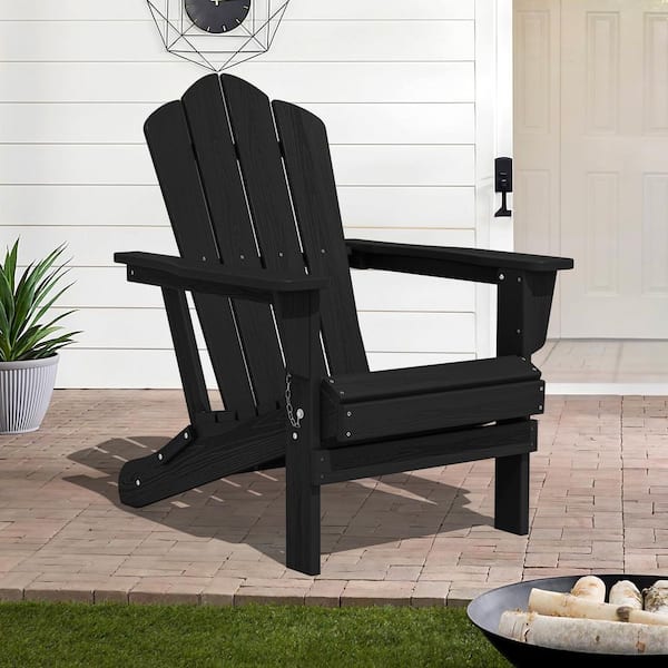 JEAREY Black Folding HDPE Outdoor Patio Plastic Adirondack Chair with ...