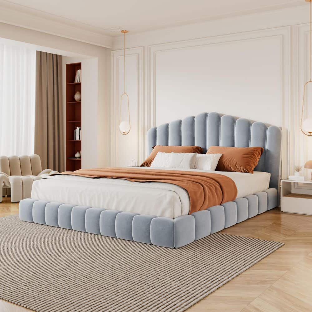 Noble House Honey Light Blue Wood Frame Upholstered Queen Size Floor ...