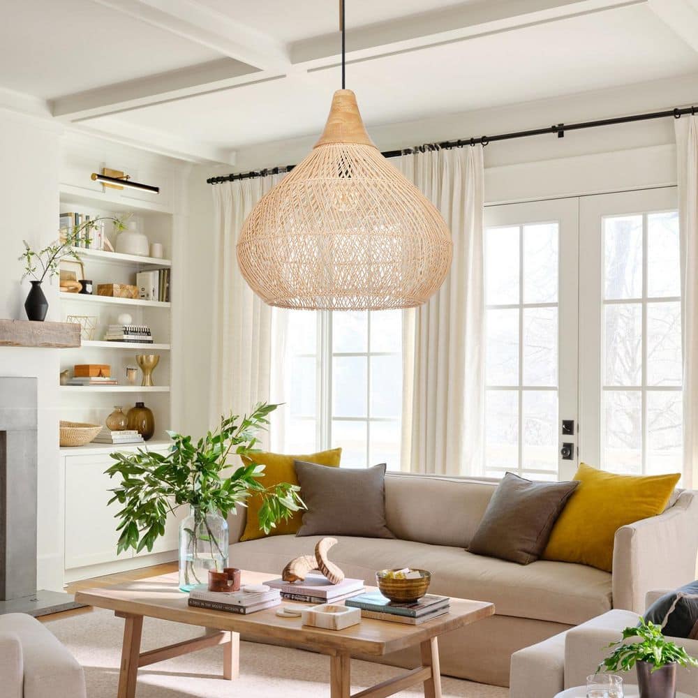 ARTURESTHOME 1 Light Natural Brown Hand-Woven Rattan Pendant Light with ...