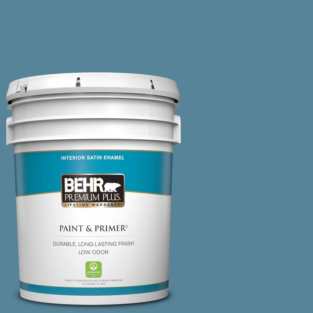 BEHR PREMIUM PLUS 5 gal. #S480-5 Blue Moon Bay Satin Enamel Low Odor ...