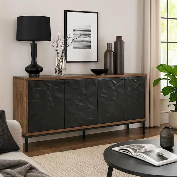 Benjara Anby Black and Brown Wood Buffet Sideboard Console with 4-Doors ...