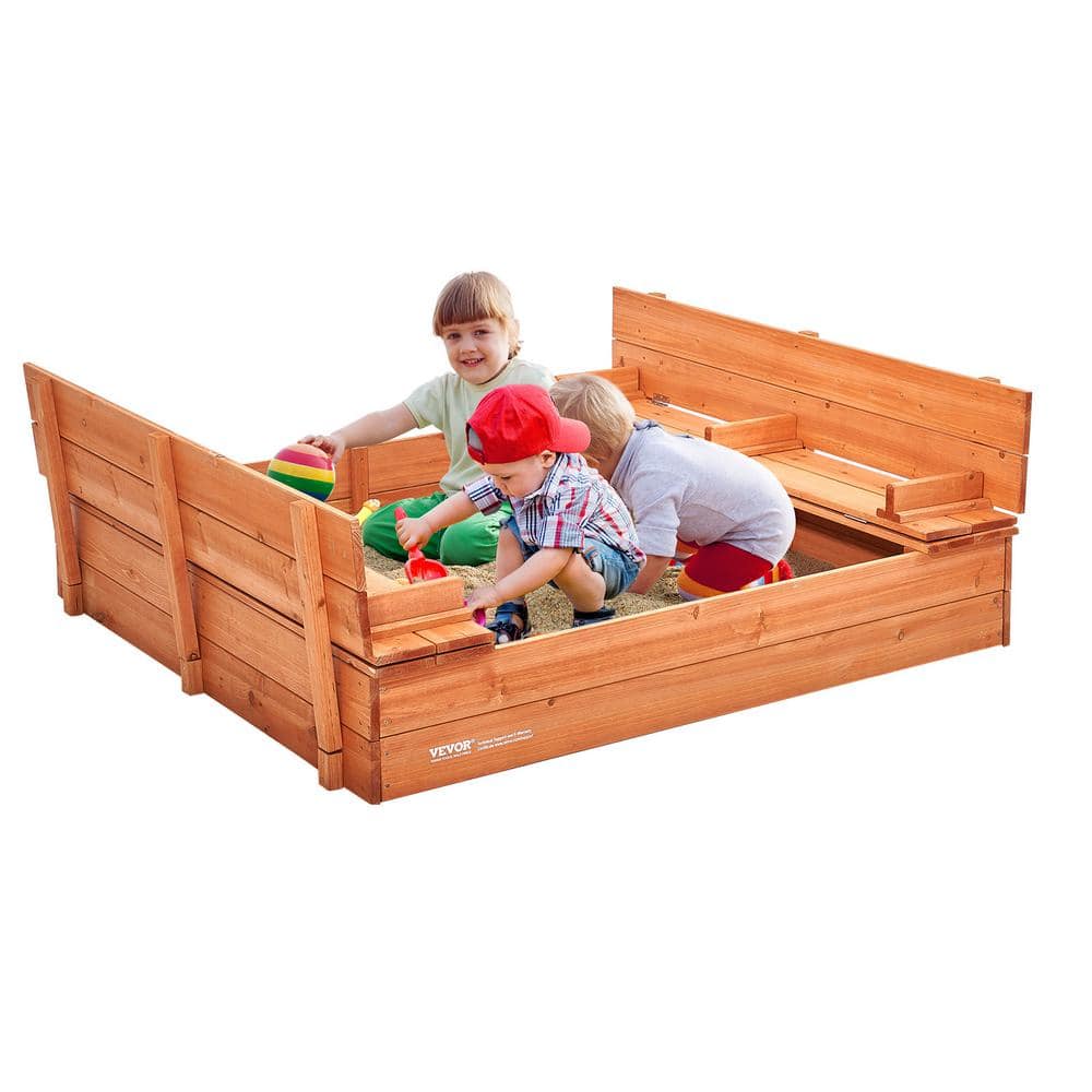 VEVOR Wooden Sandbox, 4 ft. W x 4 ft. L Wooden Square Sandbox, with Foldable Bench Seats and ...