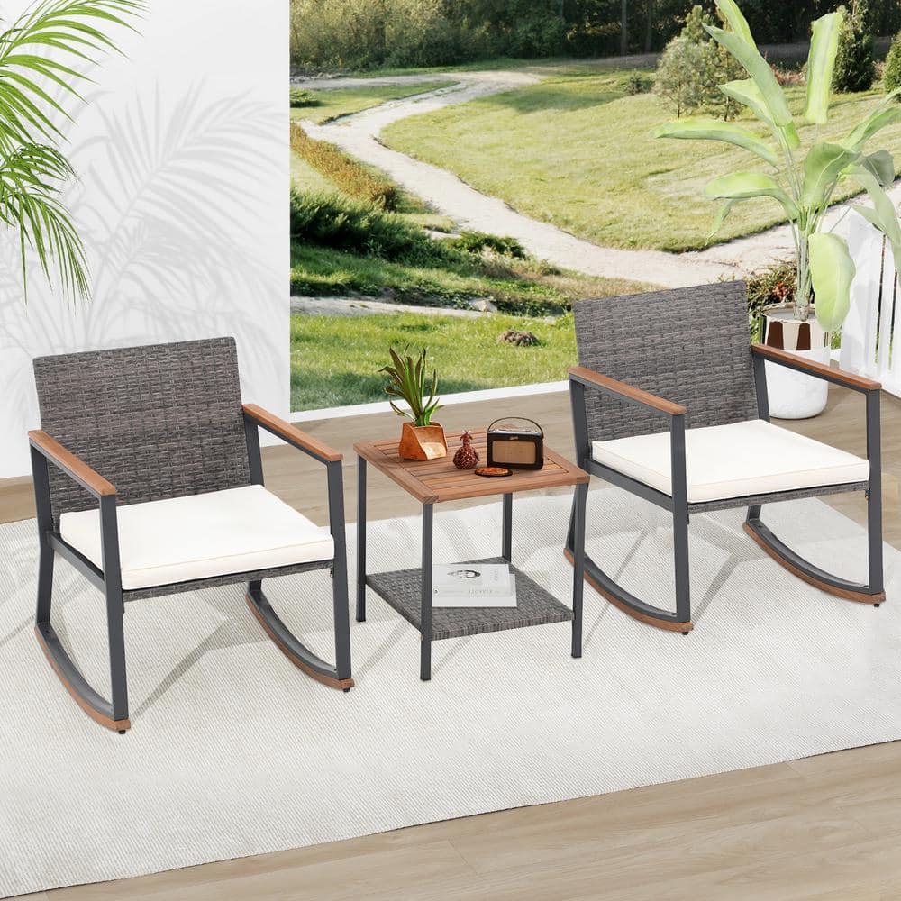 Yangming Gray 3-Piece Wicker Rocking Chair Outdoor Bistro Set with ...