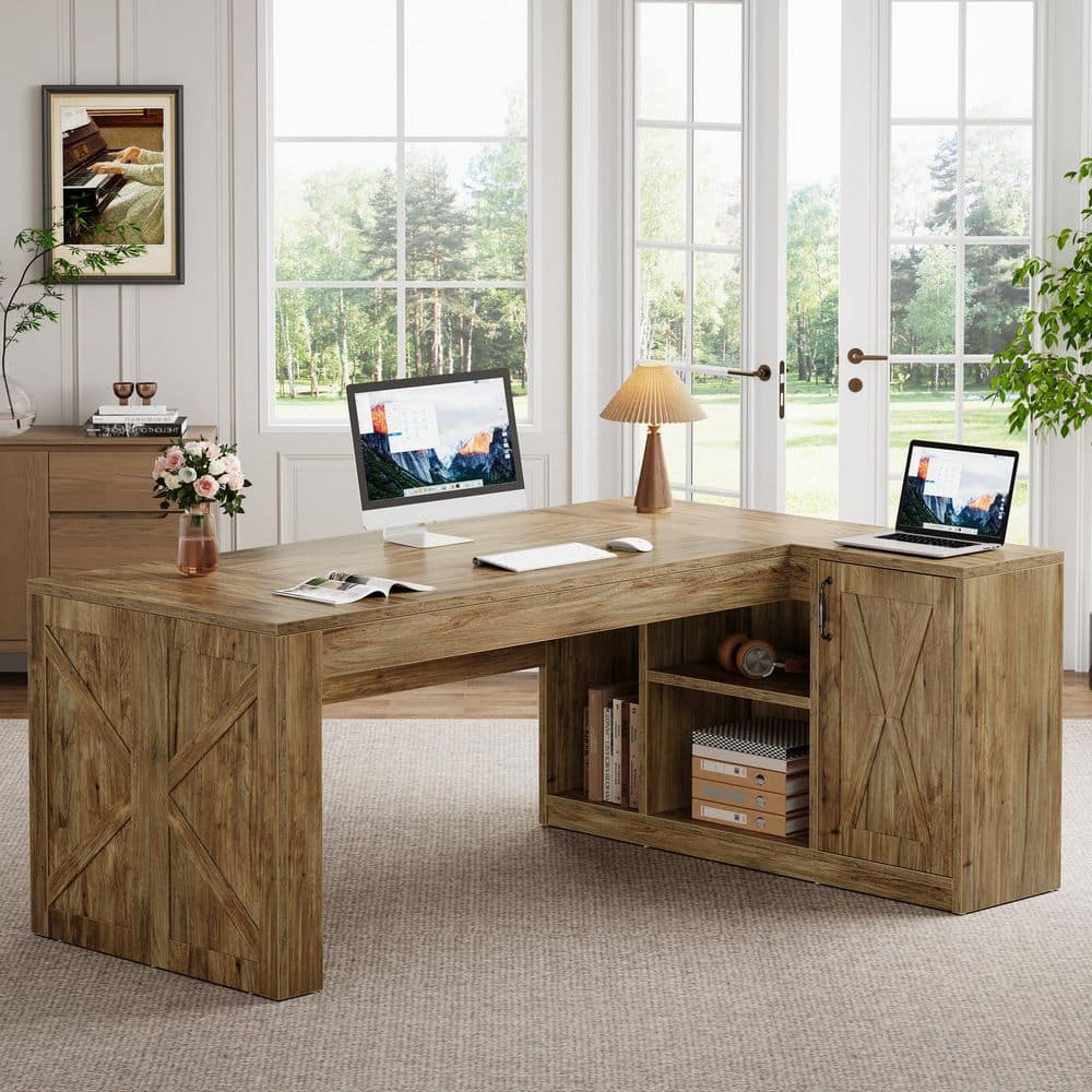 TRIBESIGNS WAY TO ORIGIN Halseey 71 in. L-Shaped Rustic Brown Wood ...
