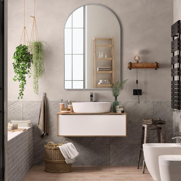 Aluminum Slim Frame Bathroom Mirrors Silver Arch 24 in. W x 36 in. H ...