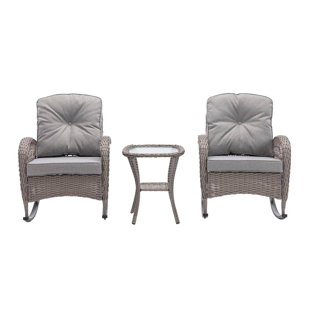 Modern Gray 3-Piece Wicker Rocking Outdoor Bistro Set with Gray Cushion ...