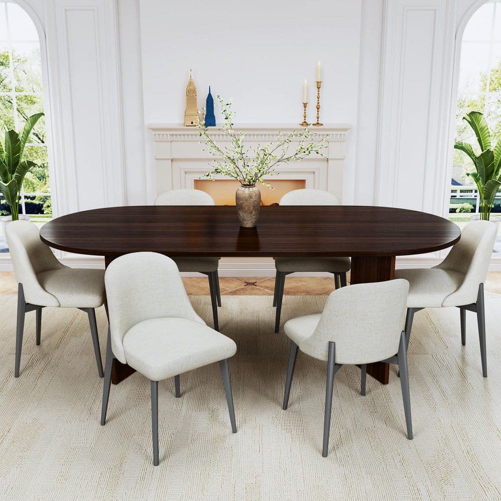 Lirago 7-Pieces Walnut Oval Wood Top Dining Table Set 6 Seats with Wood ...