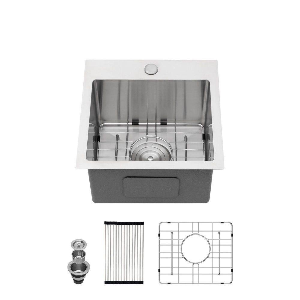 Qidian 15 in. Drop in Single Bowl 16-Gauge Brushed Nickel Stainless ...