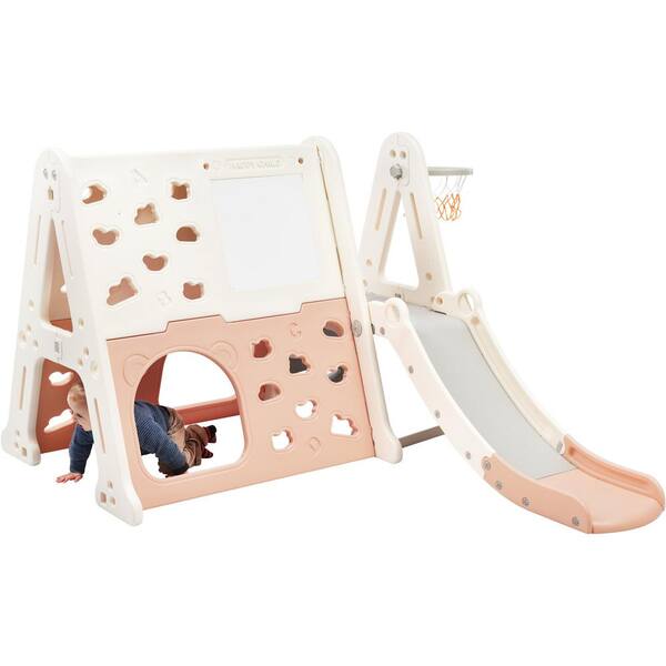 Pink 7-in-1 Kids Freestanding Playset with Tunnel, Climber, Whiteboard ...