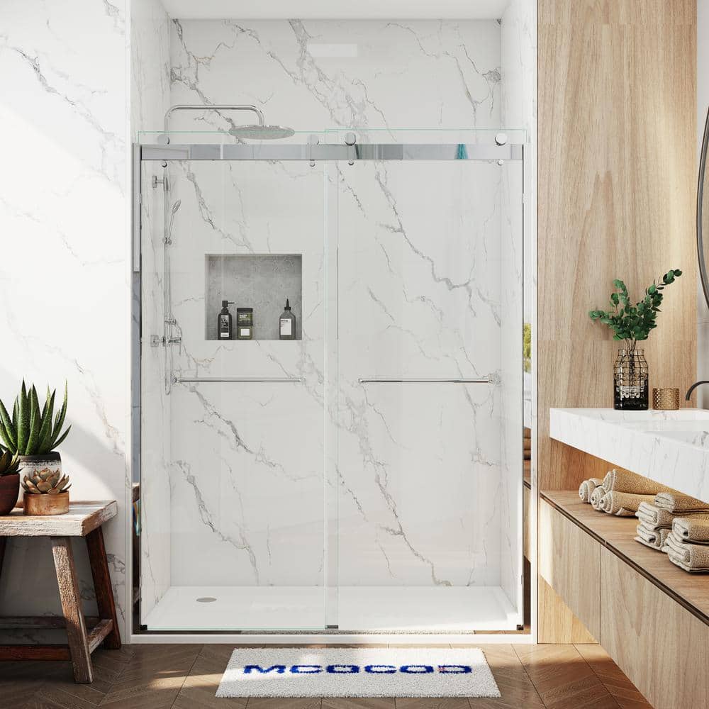 MCOCOD 56-60.25 in. W x 76 in. H Double Sliding Semi-Frameless Smooth Sliding Shower Door in ...