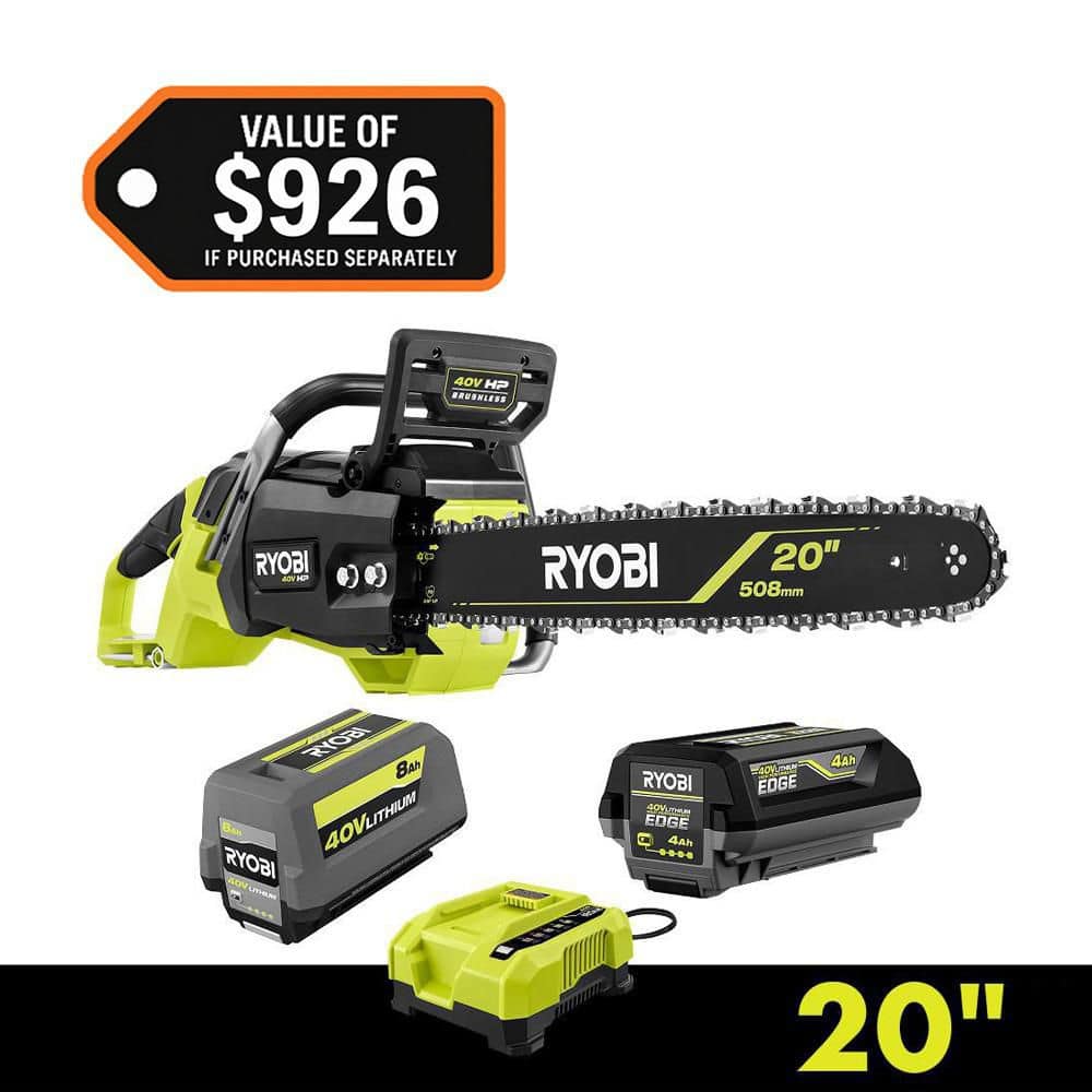 RYOBI 40V HP Brushless 20 in. Battery Chainsaw with 8.0 Ah Battery, 8.0 ...
