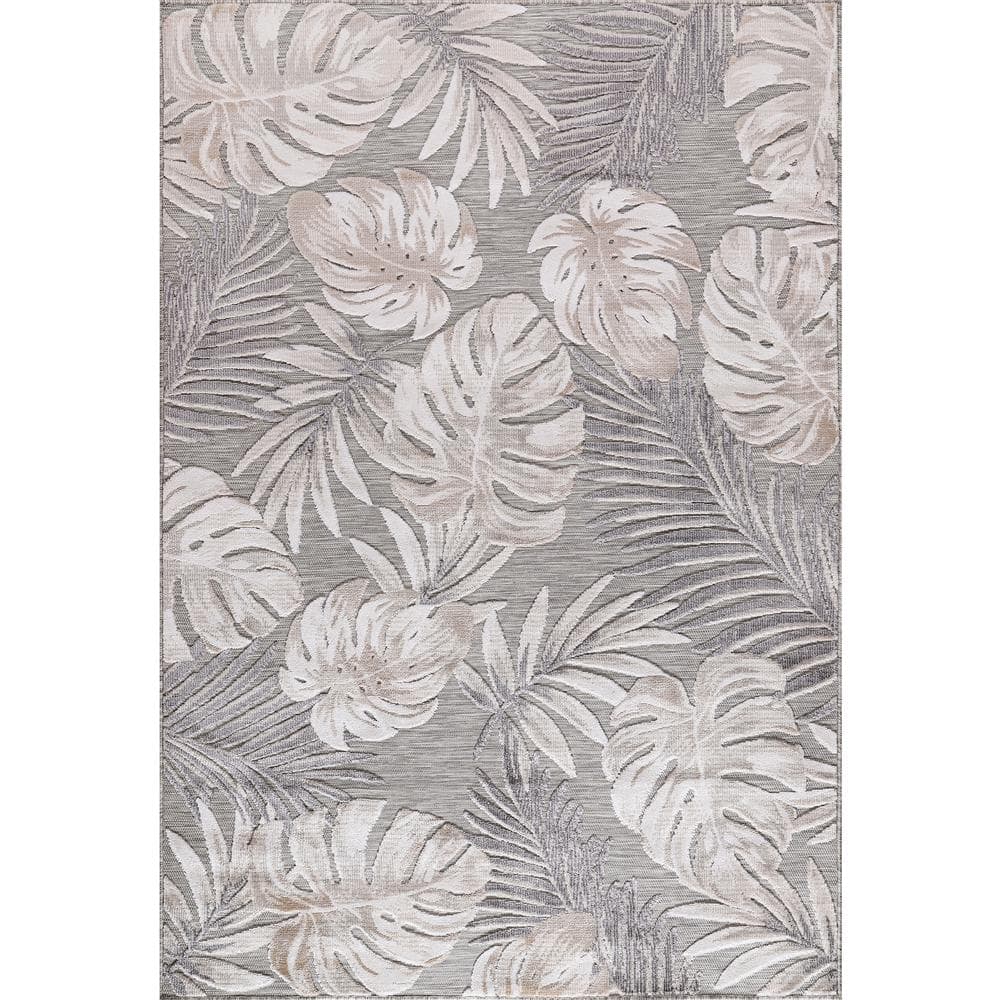 CAMILSON Bloom Beige/Gray 8 ft. x 10 ft. Leaf Tropical Botanical Indoor ...