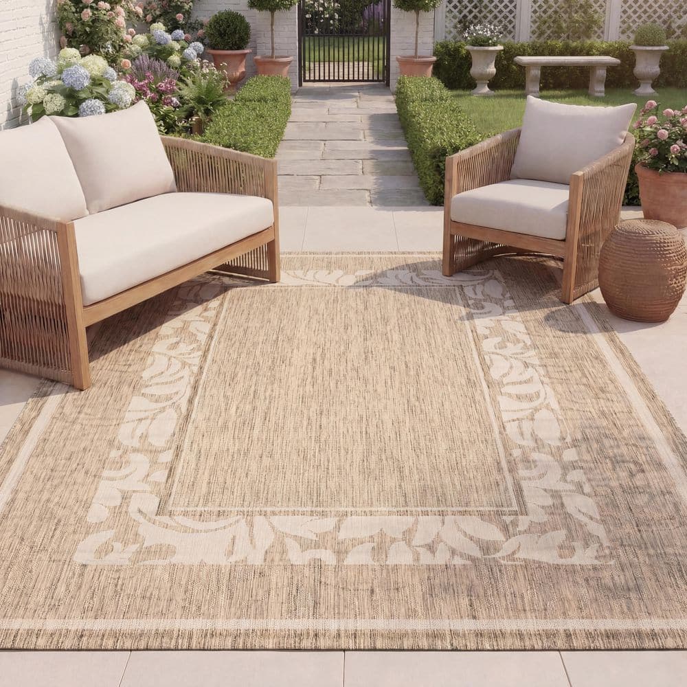 SAFAVIEH Courtyard Brown/Natural 8 ft. x 11 ft. Border Indoor/Outdoor ...