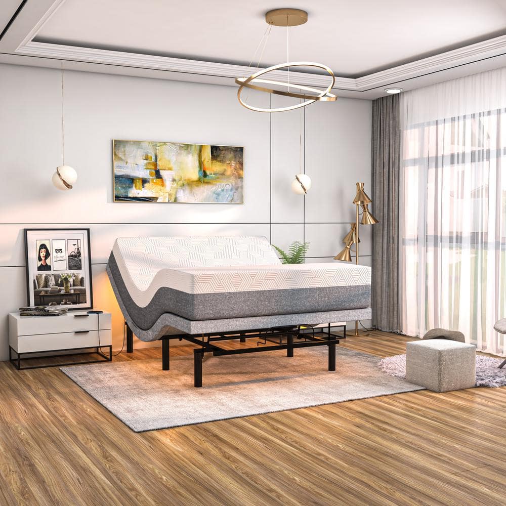 Renanim Adjustable Gray Bed Frame Queen USB, Under Bed Light, Gel Memory Foam, App Control ...