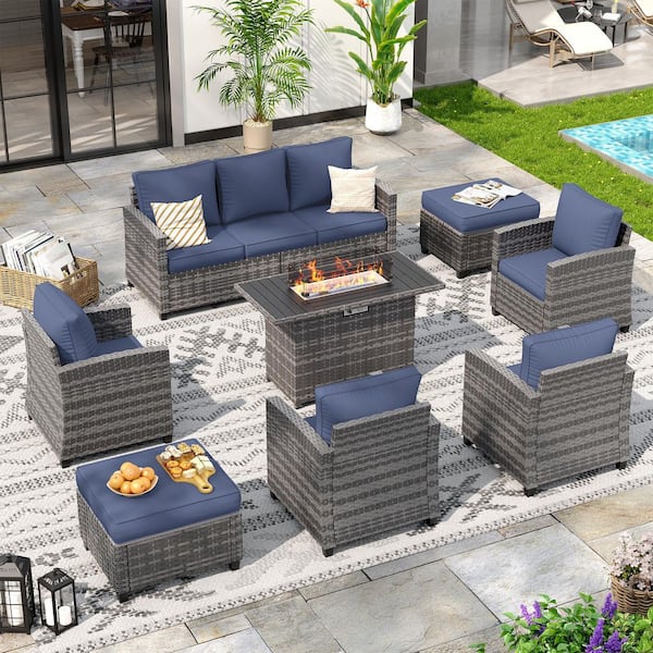 Gray Wicker 7-Person 8-Pieces Patio Conversation Set with Navy Blue ...