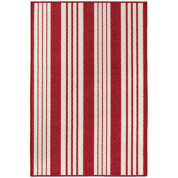 DASH & ALBERT Abby Ticking Machine Washable Red 3 ft. x 5 ft. Indoor ...