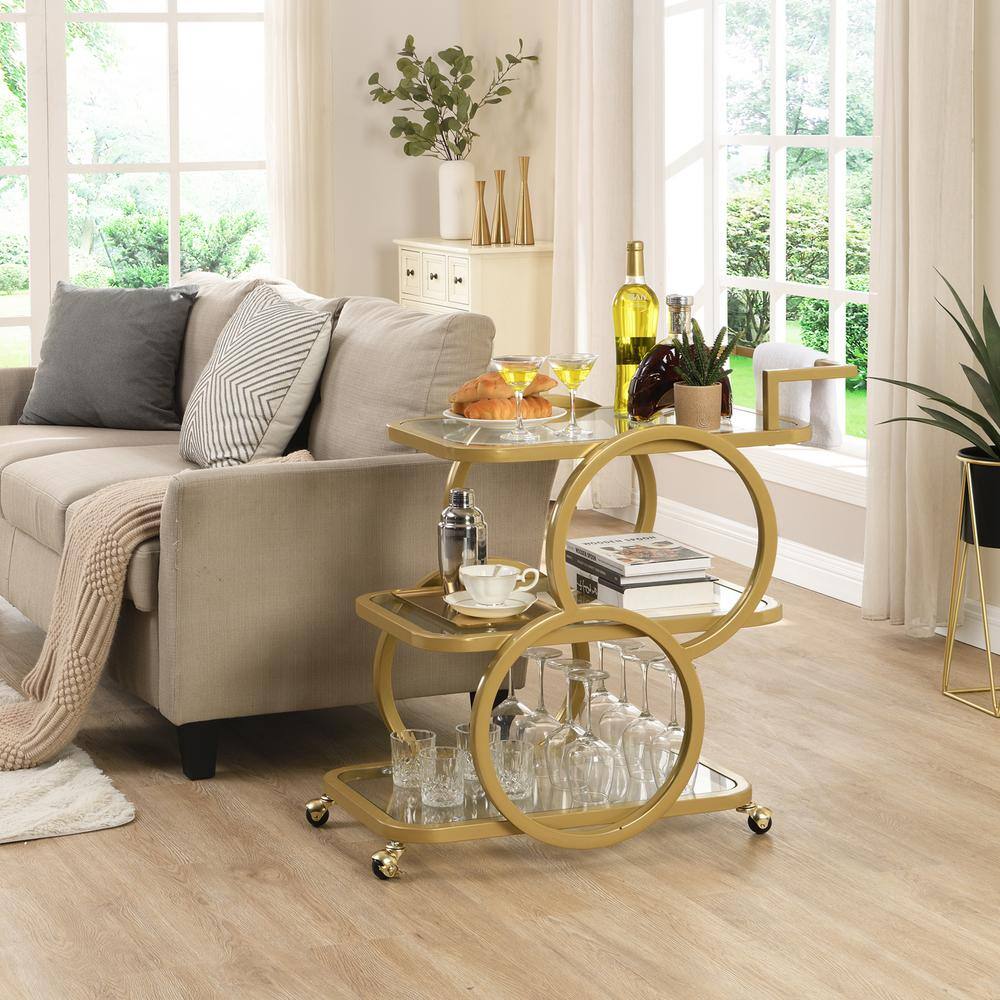 Hausfame Clear Golden Serving Bar Cart with Handle and Wheels HUSF ...