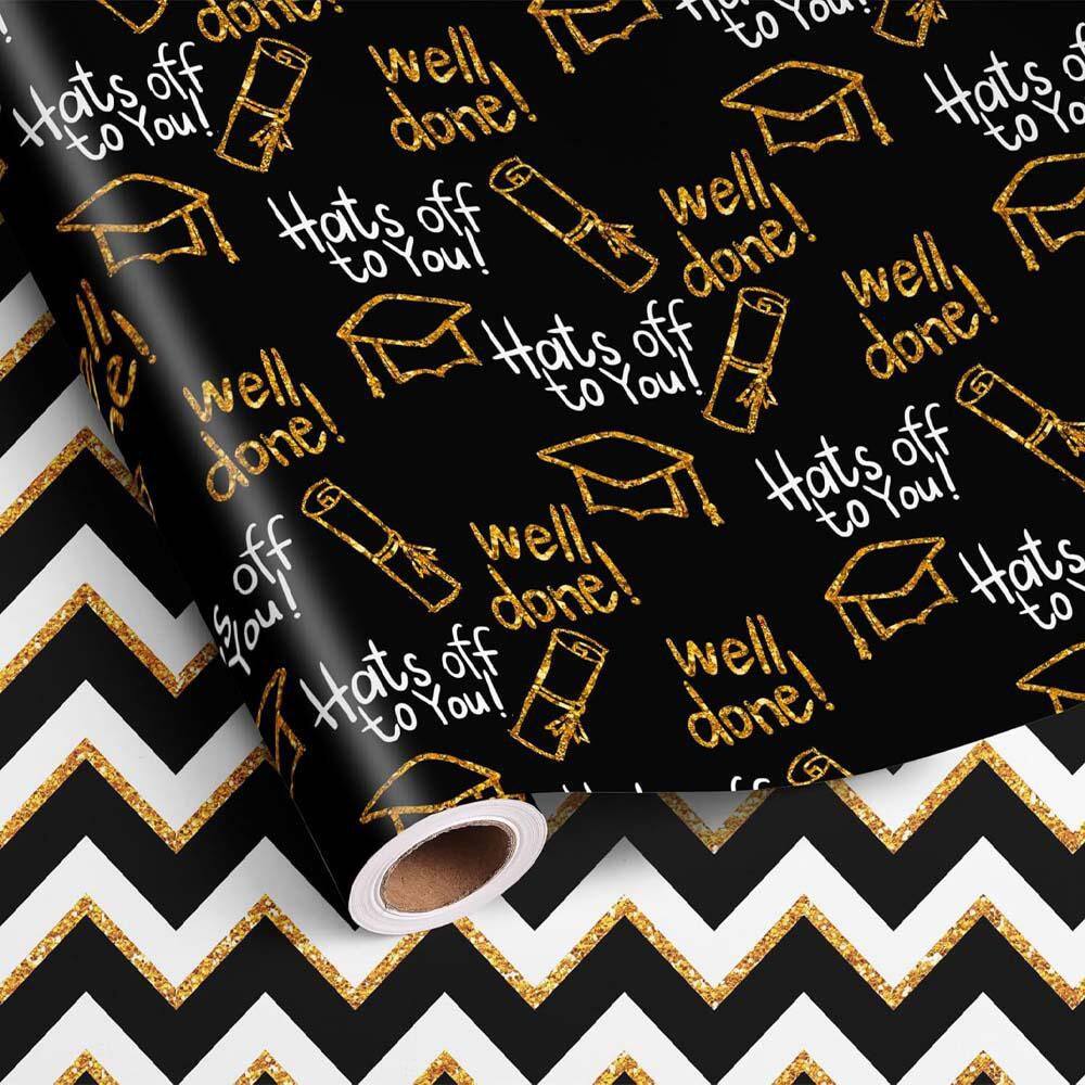 N/A Graduation Wrapping Paper Set Reversible Black Gold Cap Wavy ...
