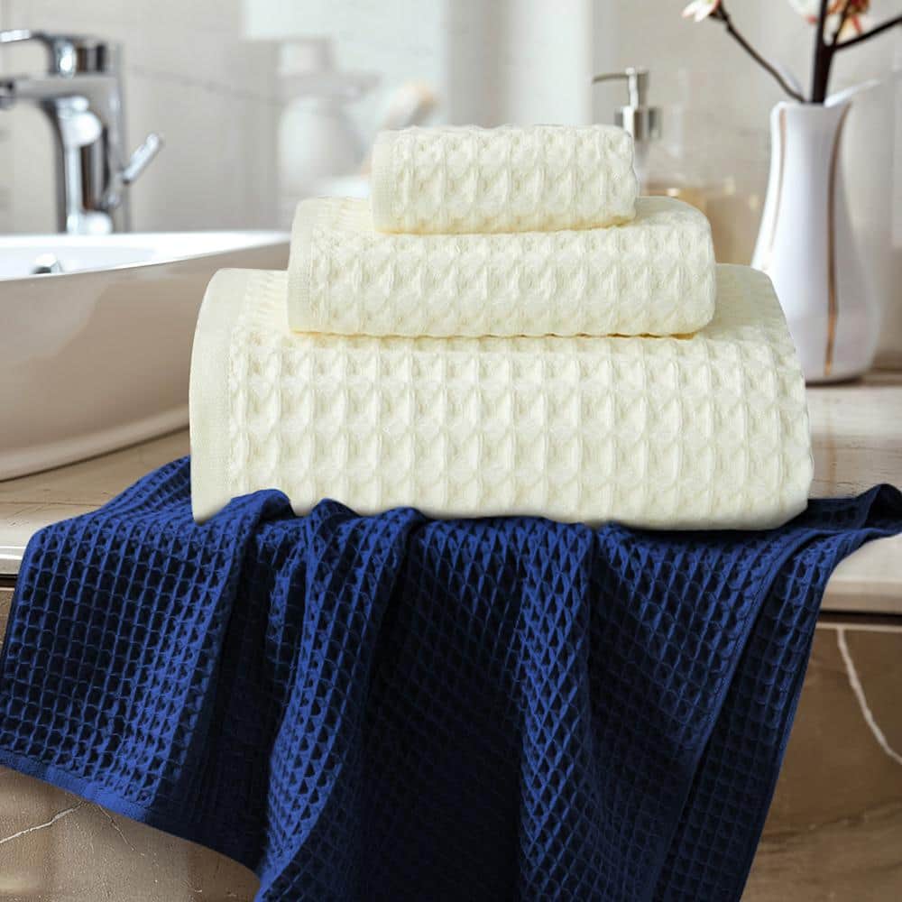 JML 3 Piece Cream Cotton Bath Towel Set Waffle Absorbent Quick Dry Bath ...