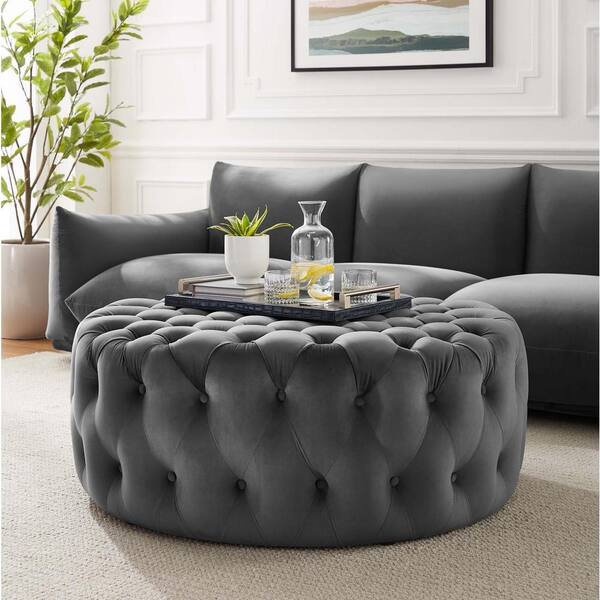 MODWAY Amour Tufted Button Large Round Performance Gray Velvet Ottoman EEI 5469 GRY