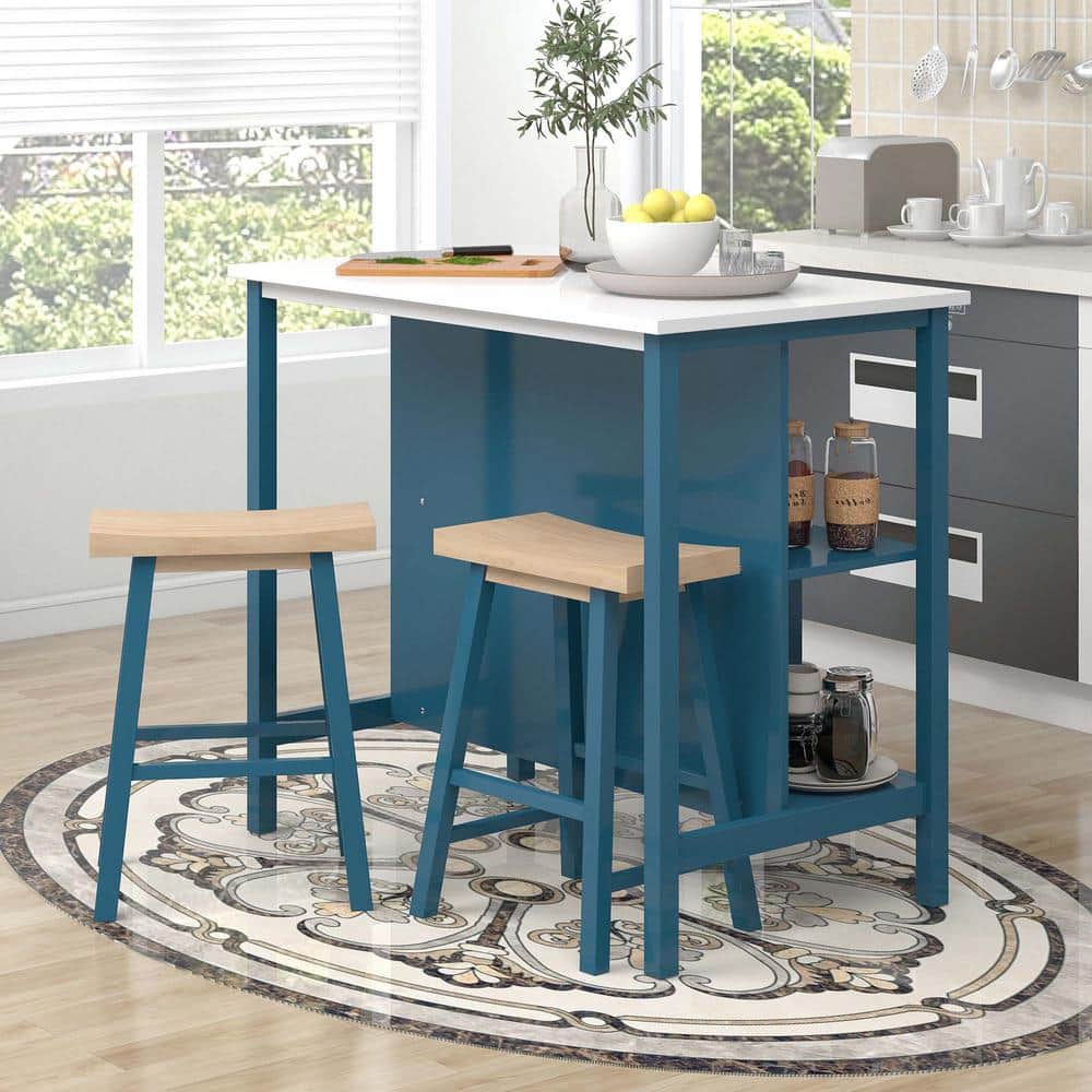 Blue Farmhouse 3 Piece Wooden Fixed Kitchen Island Set with Shelves and ...