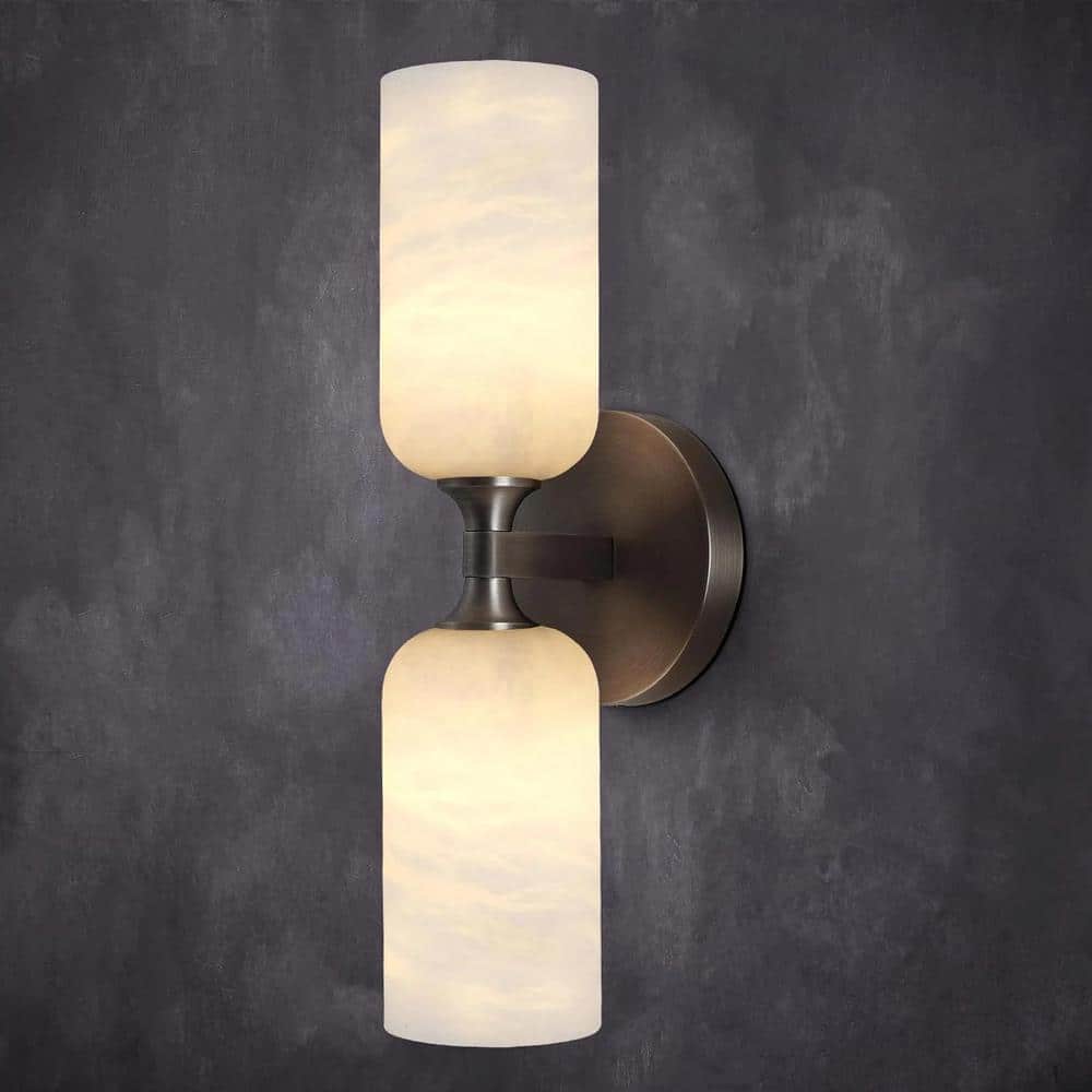 YUYI 14in. 2-Light Black Modern Natural Alabaster Wall Sconce, Brass ...