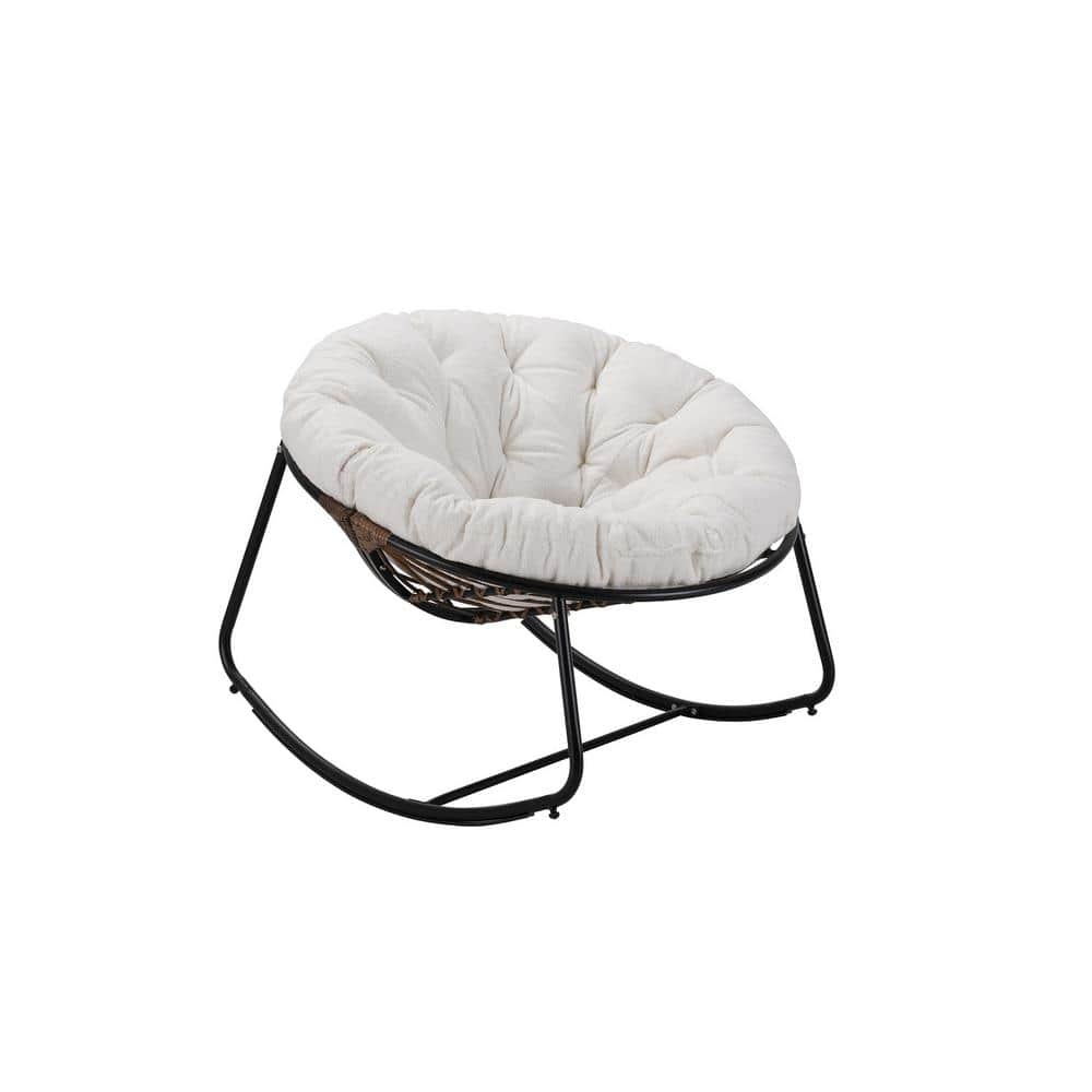 Dark Grey Frame Metal Round Outdoor Rocking Chair with White Cushions ...