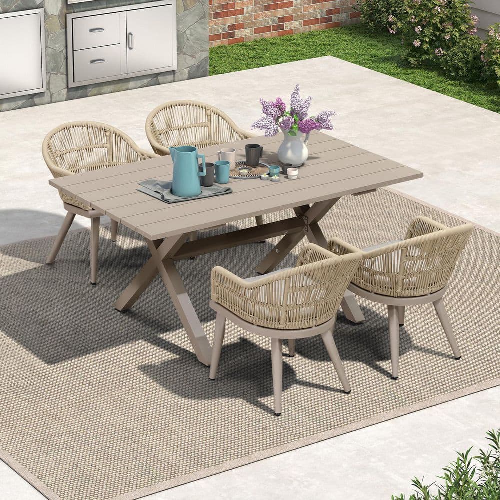 PURPLE LEAF 5-Piece Aluminum All-Weather PE Rattan Rectangular Outdoor Dining Set with Cushion ...
